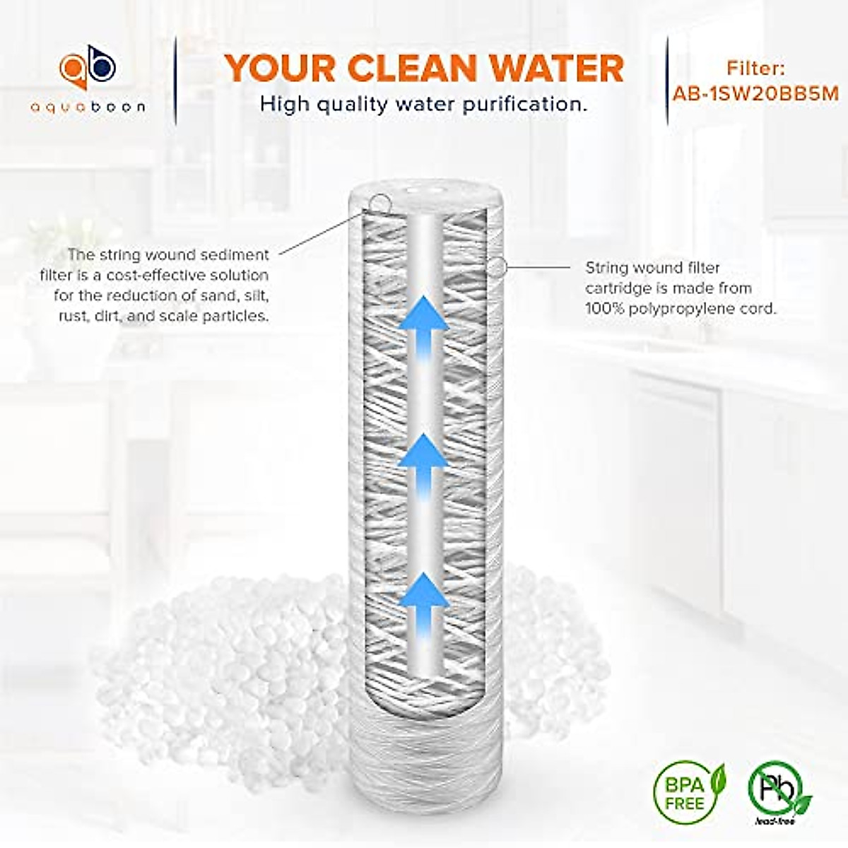 Aquaboon 5 Micron 20x4.5" String Wound Sediment Water Filter Cartridge | Whole House Sediment Filtration | Compatible with PC40-20, WP1BB20P, 355222-45, WPP-45200-01, WPP-45200-01, 84650, 4-Pack