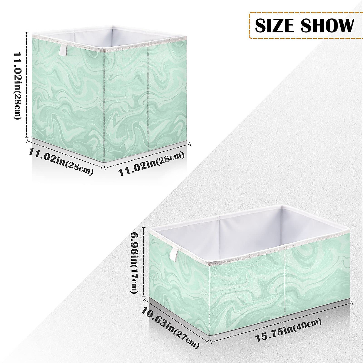 Burbuja Abstract Marble Mint Green Storage Cubes Fabric Storage Bins Foldable Closet Organizer Basket with Handle, 15.7x10.6x6.7 Inch
