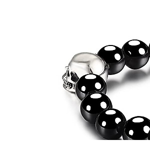 Skullis 0.7" 925 Sterling Silver Carved Skull & Black Obsidian Beads Bracelet, Crystal Healing. (M, Fit wrist size: (171-186) mm)