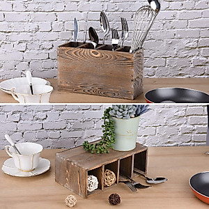 WuGeShop Rustic Utensil Caddy, 4 Adjustable Compartments Wooden Silverware Caddy, Upgraded Version kitchen Utensil Holders for Countertop