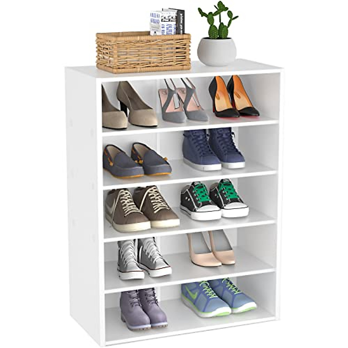HAIOOU Shoe Rack, 5-Tier Stackable Wooden Shoes Rack Organizer Free Standing Shoe Storage Stand with One Movable Storage Shelf for 10-15 Pairs, Perfect for Entryway, Hallway, Closet - Modern White