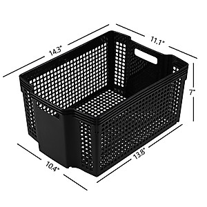 CadineUS 6-Pack Stackable Open Storage Baskets, Large Plastic Cupboard Baskets, Black