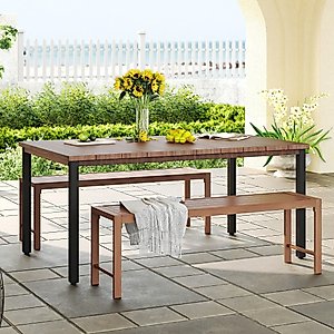 DIFY 3 Pcs Outdoor Furniture Set, Patio Dining Set with Metal Frame Rectangular Picnic Table and Outdoor Metal Backless Benches for Balcony, Poolside and Deck, Walnut
