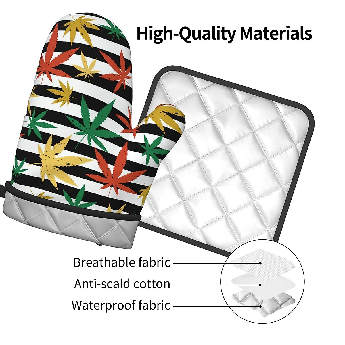 Oven Mitts and Pot Holders Sets Colorful Weed Oven Gloves Heat Resistant Potholders Washable Non-Slip BBQ Gloves with Hanging Loop for Women Men Kitchen Baking Cooking Grilling