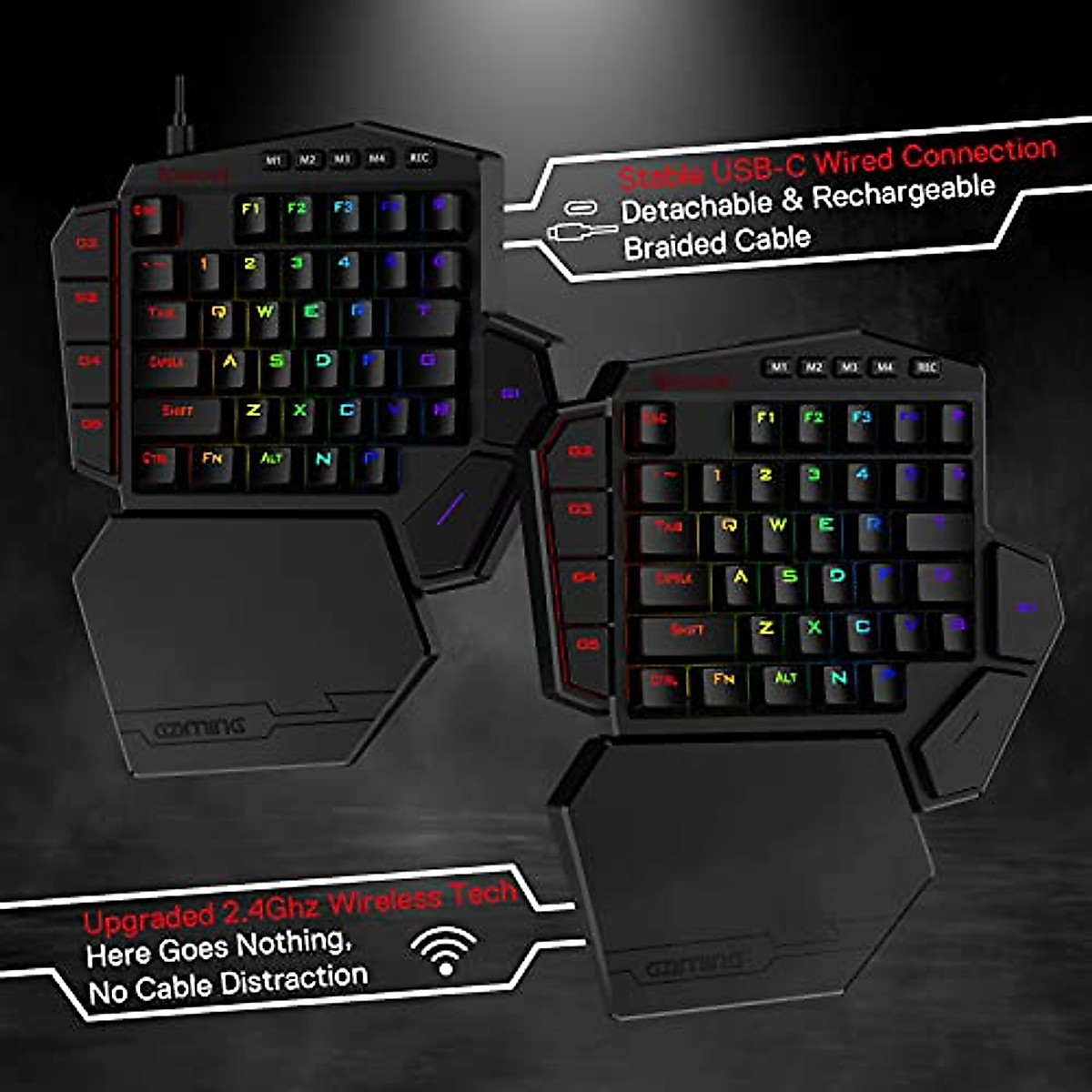 Redragon K585 DITI Wireless One-Handed Mechanical Keyboard, 42 Keys 2.4Ghz RGB 40% Gaming Keypad with 7 Onboard Macro Keys, Detachable Wrist Support, Durable Battery (Red Switch)