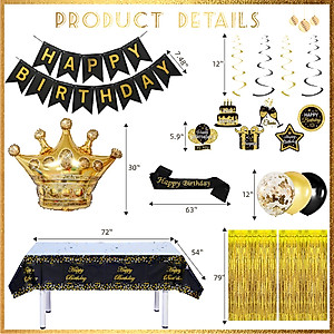 Black and Gold Birthday Party Decorations, Black Gold Balloon Garland Arch Kit with Happy Birthday Backdrop Hanging Swirls Foil Balloons for Men Women Birthday Party Decorations Supplies