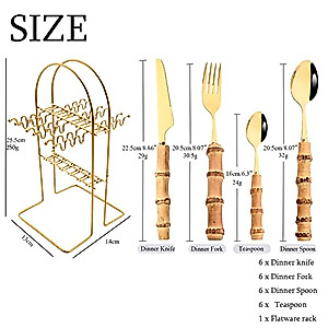 Snplowum 24-Piece Gold Stainless Steel Flatware Set, Bamboo Handle Cutlery with Stand Dinnerware Set Include Knife Fork Spoon And Teaspoon, Service For 6, Mirror Finished.