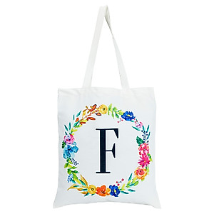 Okuna Outpost Set of 2 Reusable Monogram Letter F Personalized Canvas Tote Bags for Women, Floral Design (29 Inches)