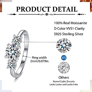 GEMQUEEN Moissanite Engagement Ring 1.60ct Brilliant Round Cut D Color VVS1 Clarity Lab Created Diamond Eternity Rings 18K White Gold Plated Hypoallergenic Sterling Silver Moissanite Wedding Rings for Women