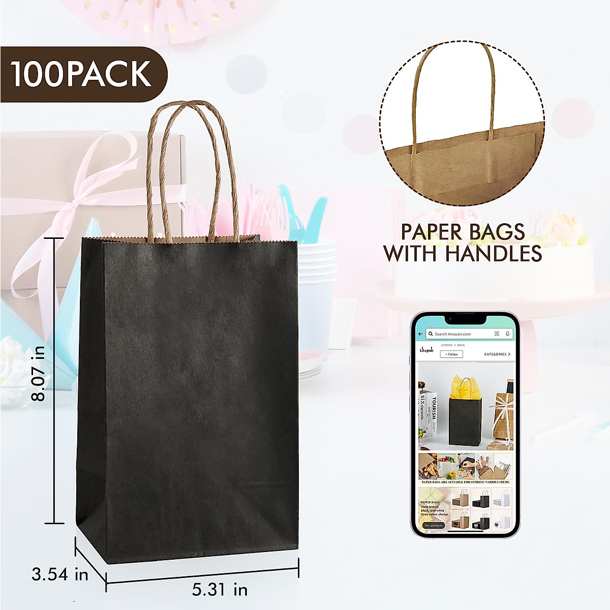 90 Pack | Paper Gift Bags with Handles Bulk, 8x4.5x10.8 Inch Large White Kraft Paper Bags, Paper Shopping Bags, Christmas Kraft Gift Bags, Birthday Gift Bags for Restaurant, Takeout, Business.