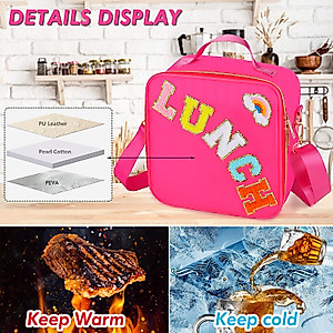 URSKYTOUS Insulated Lunch Bag for Women Girl Kid Teen Preppy Large Thermal Freezable Lunch Box Cute Hot Pink Big Reusable Kawaii Waterproof Lunch Tote Cooler Bag with Chenille Letter for School Office