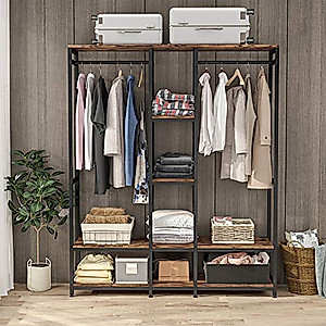 Tribesigns Double Rod Free standing Closet Organizer,Heavy Duty Clothes Closet Storage with Shelves, Extra Large Wardrobe Clothes Garment Rack, Shelving Unit Capacity 500 lb, (Vingtage Dark Walnut)