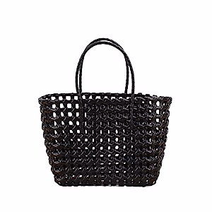 PVC Woven Bag Waterproof Waterproof Beach Plastic Women's Bag Shopping Vegetable Basket (Color : Black, Size : 9.45 * 7.87inch)