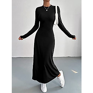 Verdusa Women's Casual Long Sleeve Round Neck Solid A Line Long Maxi Dress Black XS