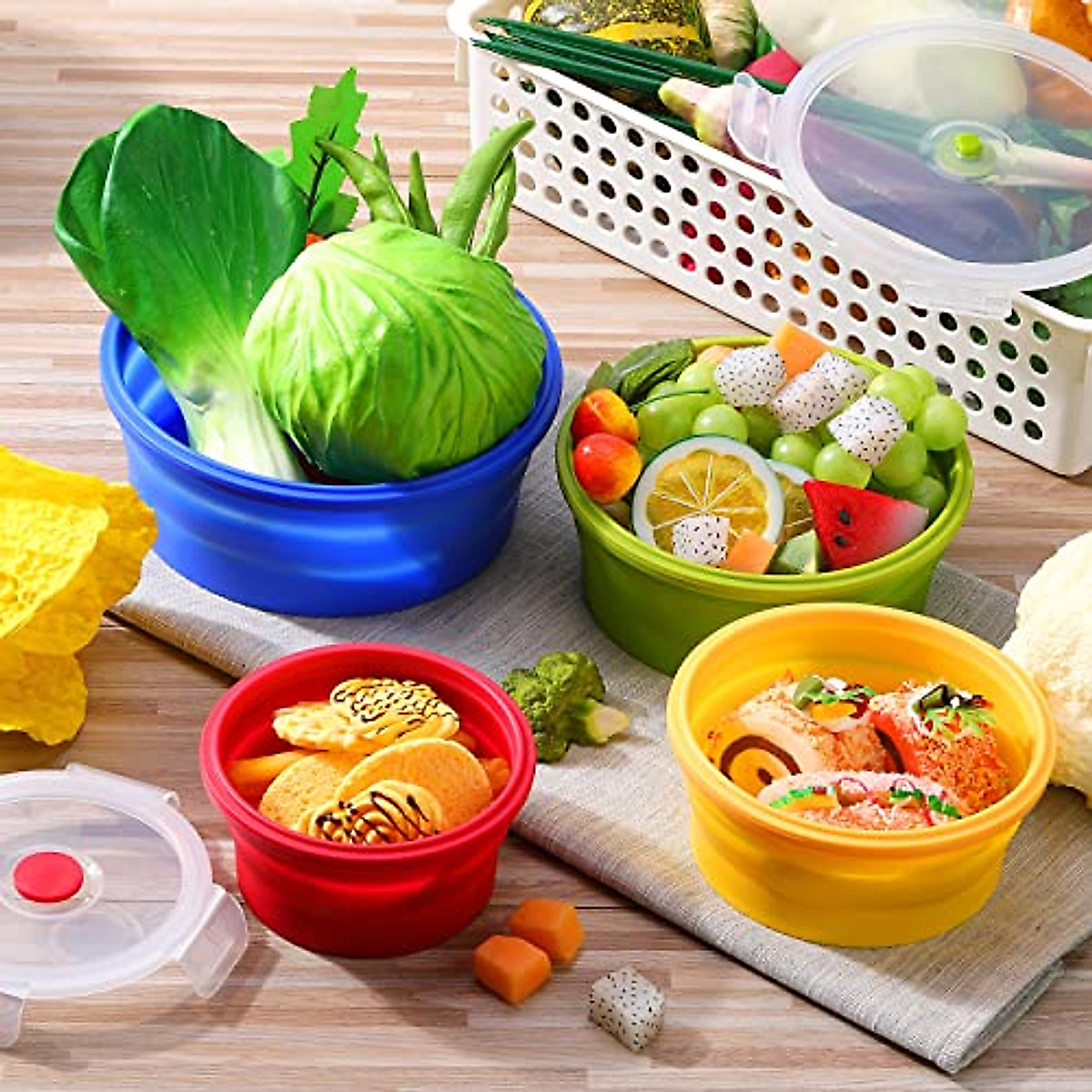 Nuenen Set of 8 Collapsible Food Storage Containers with Lids Silicone Flat Collapsible Bowls for Stacks Travel Camping Meal Prep Container for Kitchen, Freezer Microwave Dishwasher Safe (Round)