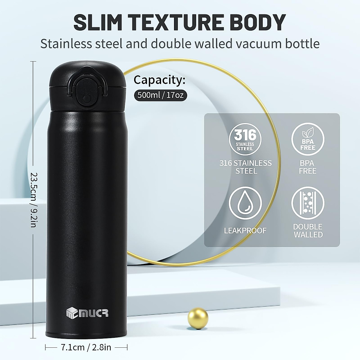 MUCR 17 oz / 500 ml Insulated Water Bottle, Stainless Steel Thermo Coffee Travel Mug, Thermal Cup with Snap Flip Lid, BPA Free for Hot and Cold Drinking, Black