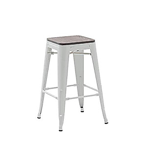Alunaune 24" Metal Bar Stools Set of 4 Industrial Backless Counter Height Barstools Kitchen Patio Stool Stackable with Wooden Seat- White