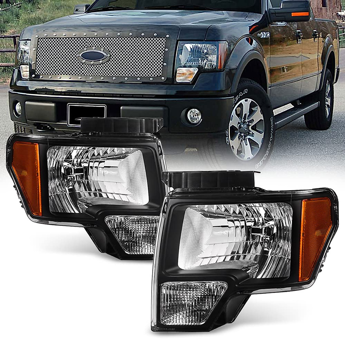 ACANII - For Black 2009-2014 Ford F150 Replacement Headlights Lamps Aftermarket Driver + Passenger Side