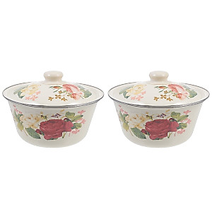 Hemoton 2 pcs Enamel Soup Bowl Vintage Enameled Basin Retro Enameled Bowl Lard Pot with Lid Enamel Mixing Bowl Enamelware Large Salad Serving Bowl Ramen Basin