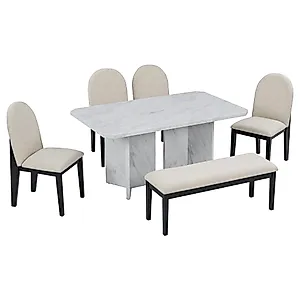 BIADNBZ 6-Piece Dining Table Set for 6 with Faux Marble Tabletop and 4 Upholstered Dining&Chairs & 1 Bench for Kitchen Funiture,Family, 36.1 inch, White
