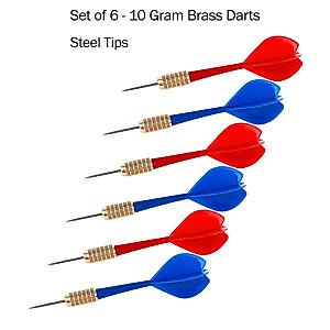 Steel Tip Darts - Set of Six 10-Gram Brass Darts with 2 Plastic Slim Flight Colors - Great for Team Play by Trademark Games (Blue and Red)