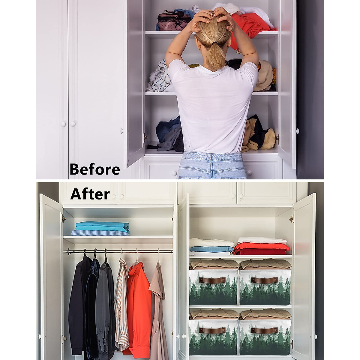 Large Storage Baskets Bins 2 Pack Green Ombre Collapsible Storage Box Laundry Organizer for Closet Shelf Nursery Kids Bedroom Primeval Forest Modern Abstract Art Aesthetics