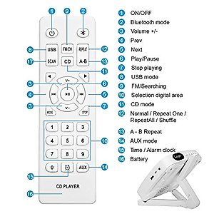 CD Player, Bluetooth HiFi Speaker, USB Flash Player, AUX line-in Audio Boombox, FM Radio, Portable, Wall Mountable and Desk Stand, with Remote Control