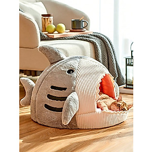 QWINEE Cat Mat Shark-Shaped Kennel Kitten Bed Hideout House Warm Soft Comfortable Semi-Closed Cat Dog Nest Grey Small