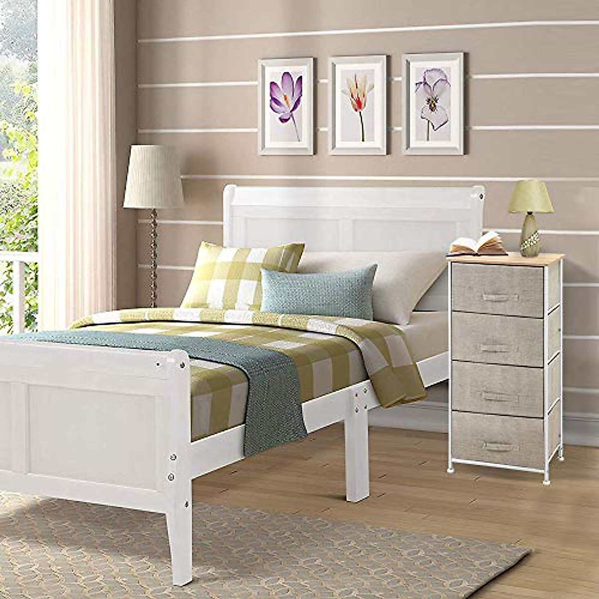 Byouth 4-Tier Dresser Tower, Fabric Drawer Organizer with 4 Easy Pull Drawers with Metal Frame,Wooden Tabletop for Living Room, Closet (Linen)