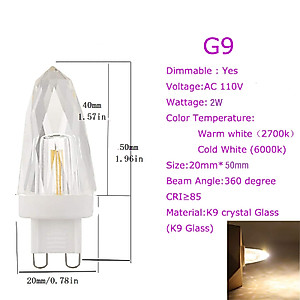 Lxcom Lighting G9 LED Light Bulbs 2W (15W Halogen Equivalent) Dimmable Crystal COB Bulb Warm White 2700K 200LM G9 Base AC110V for Home Lighting, 6 Pack