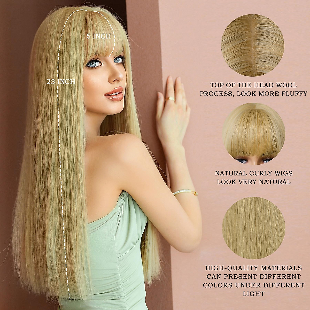 7JHH WIGS Blonde Wig With Bang For Women Long Straight Blonde Wig Synthetic Wig For Girl Emo Cosplay And Daily Use（23" Blonde