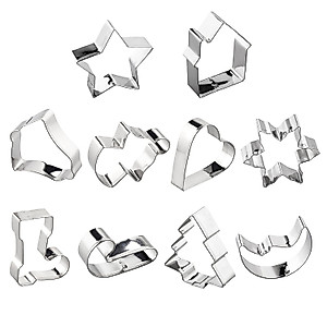Christmas Cookie Cutters Set - Holiday Mini Cookie Cutter set of 10, Include: Gingerbread House, Snowflake, Christmas Tree, Gingerbread girl, Heart, Star, Moon, Christmas Crutch, Bell, Boot
