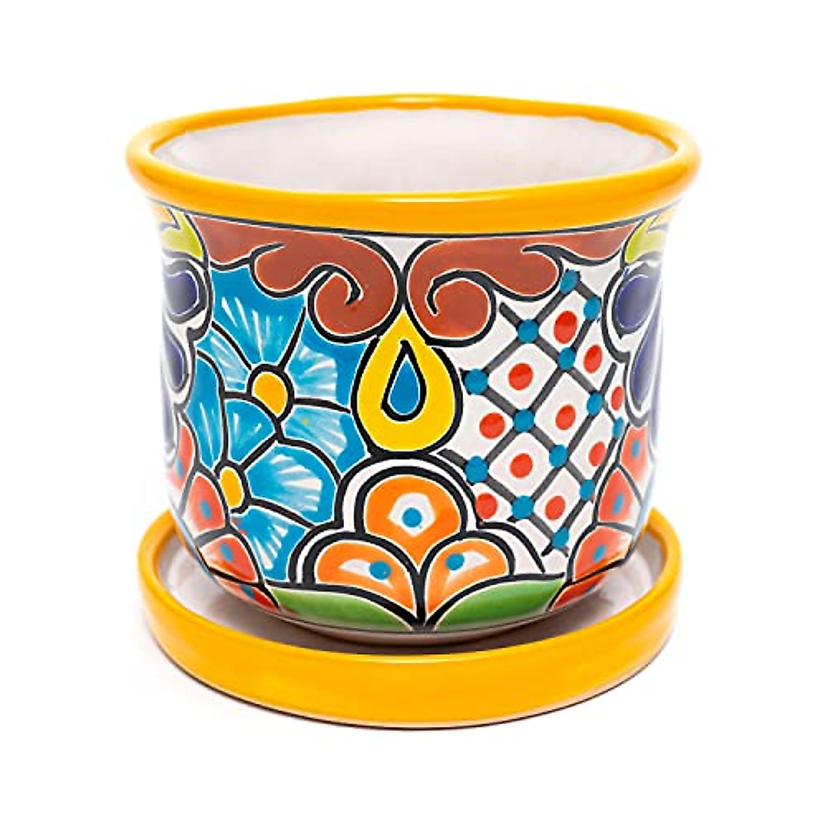 Enchanted Talavera Small Ceramic Flower Pot & Saucer Succulent Planter House Plant Cactus Bonsai Decorative Pot Plant Container 2-Piece Set (Marigold)