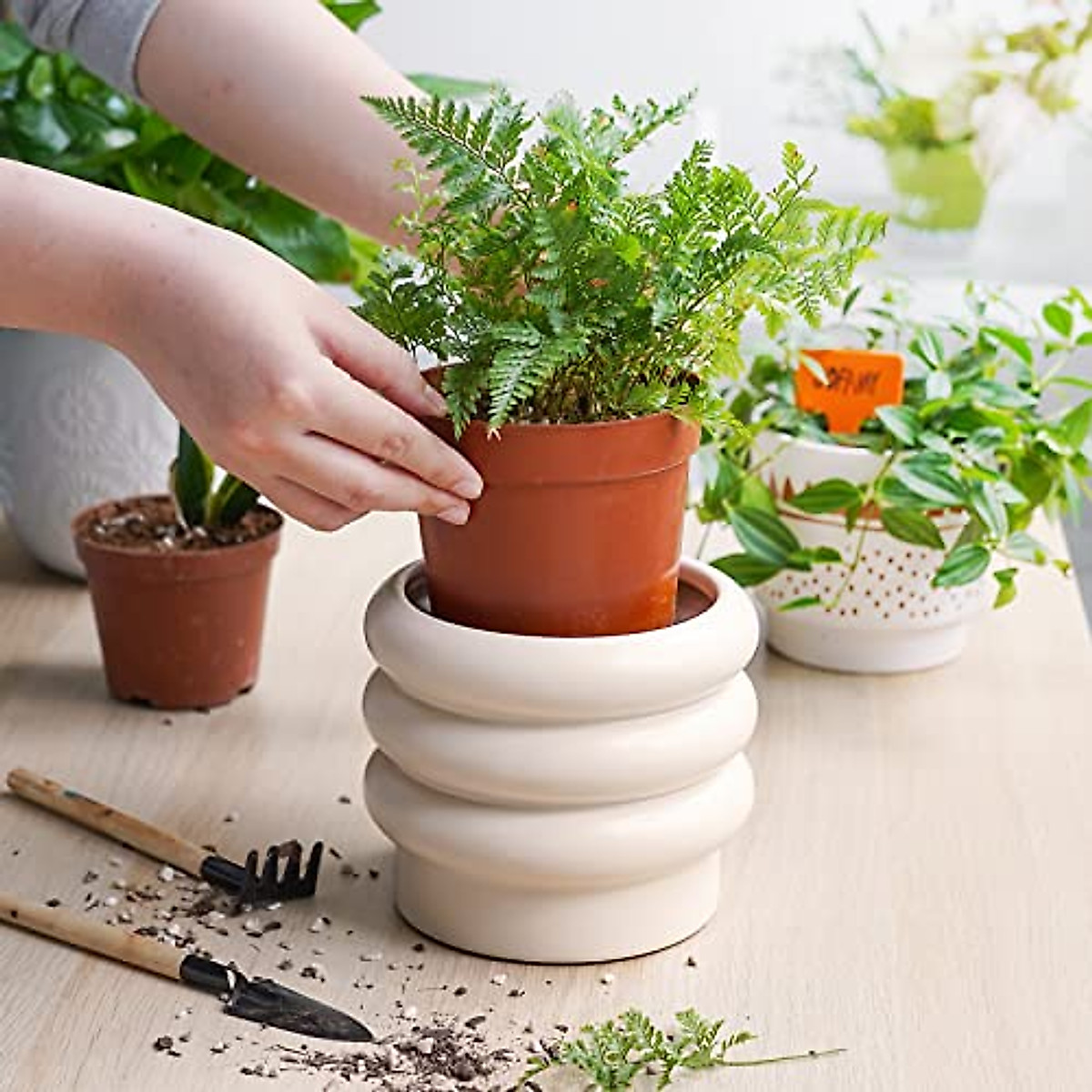 JOFAMY Tiered Bubble Ceramic Plant Pot, Creamy White 6 Inch Ceramic Planter with Drainage Holes, Ceramic Flower Pot with Mesh Pad, Rubber Plugs, Ceramic Pots for Indoor Plants Outdoor, Modern Décor