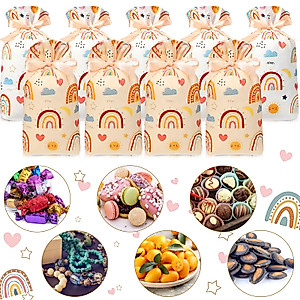 Bulyoou 50 Pcs Boho Gift Bags Bulk Bohemian Plastic Drawstring Bags Hippie Retro Birthday Candy Bags Rainbow Party Favor Bags for Kids Birthday Boho Party Supplies