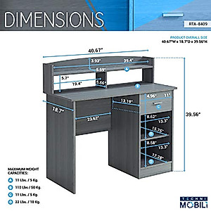 Techni Mobili Modern Office Hutch Writing Desk, Grey
