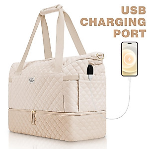 ETRONIK Travel Bag for Women, Gym Duffel Bag with USB Charging Port, Weekender Overnight Bag with Wet Pocket and Shoes Compartment for Women Travel Gym Daily Use (Khaki/White)