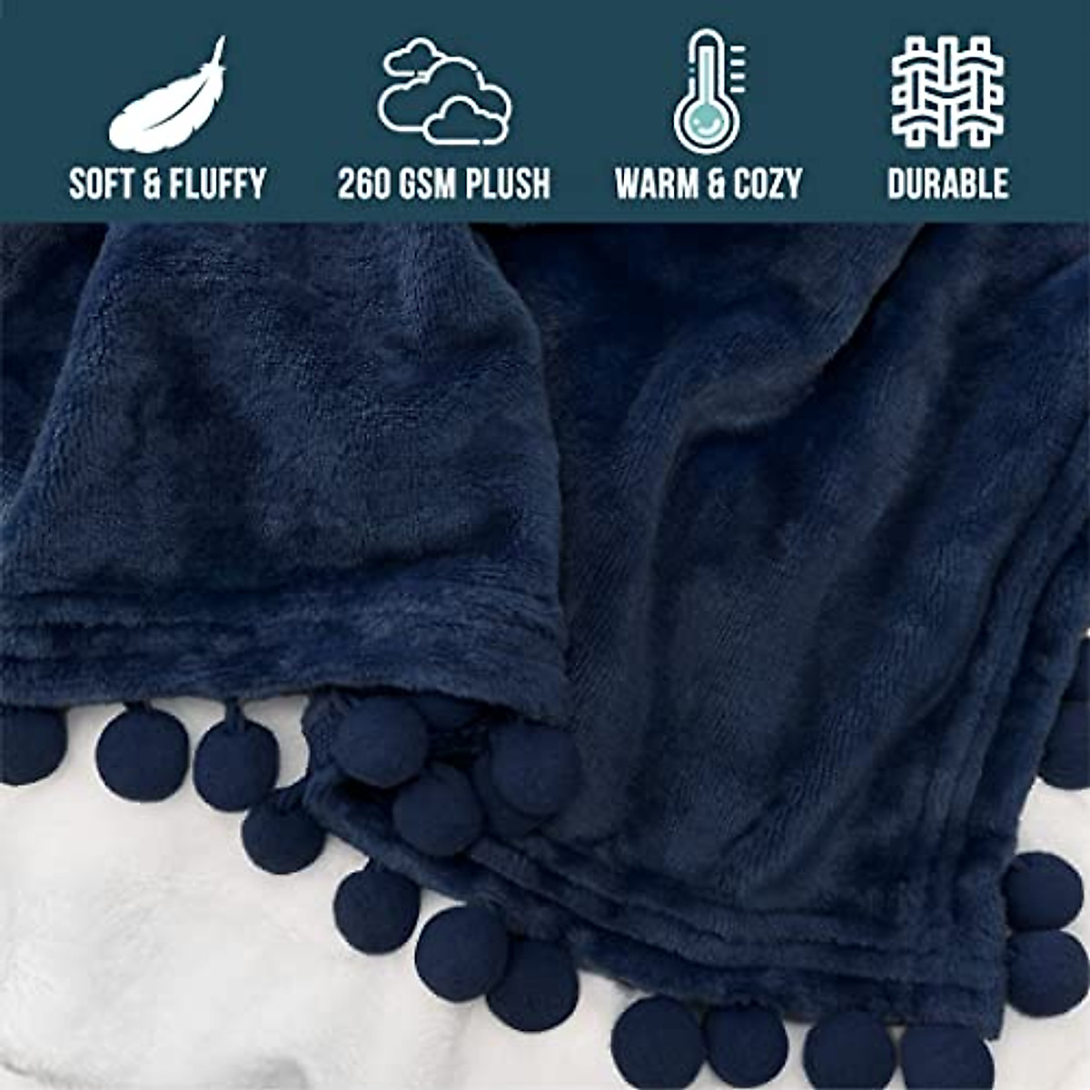 PAVILIA Navy Blue Throw Blanket Pom Pom for Couch Bed Sofa, Fleece Soft Fuzzy Cozy Lightweight Pompom Fringe Blanket, Decorative Boho Room Home Decor Gift Flannel Velvet Throw, Dark Blue, 50x60