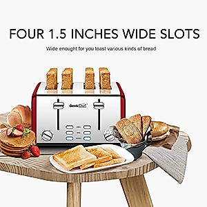 Geek Chef 4 Slice toaster, Best Rated Prime Retro Bagel Toaster with 6 Bread Shade Settings, 4 Extra Wide Slots, Defrost/Bagel/Cancel Function, Removable Crumb Tray, Stainless Steel Toaster, 1500W (Red-Classic)