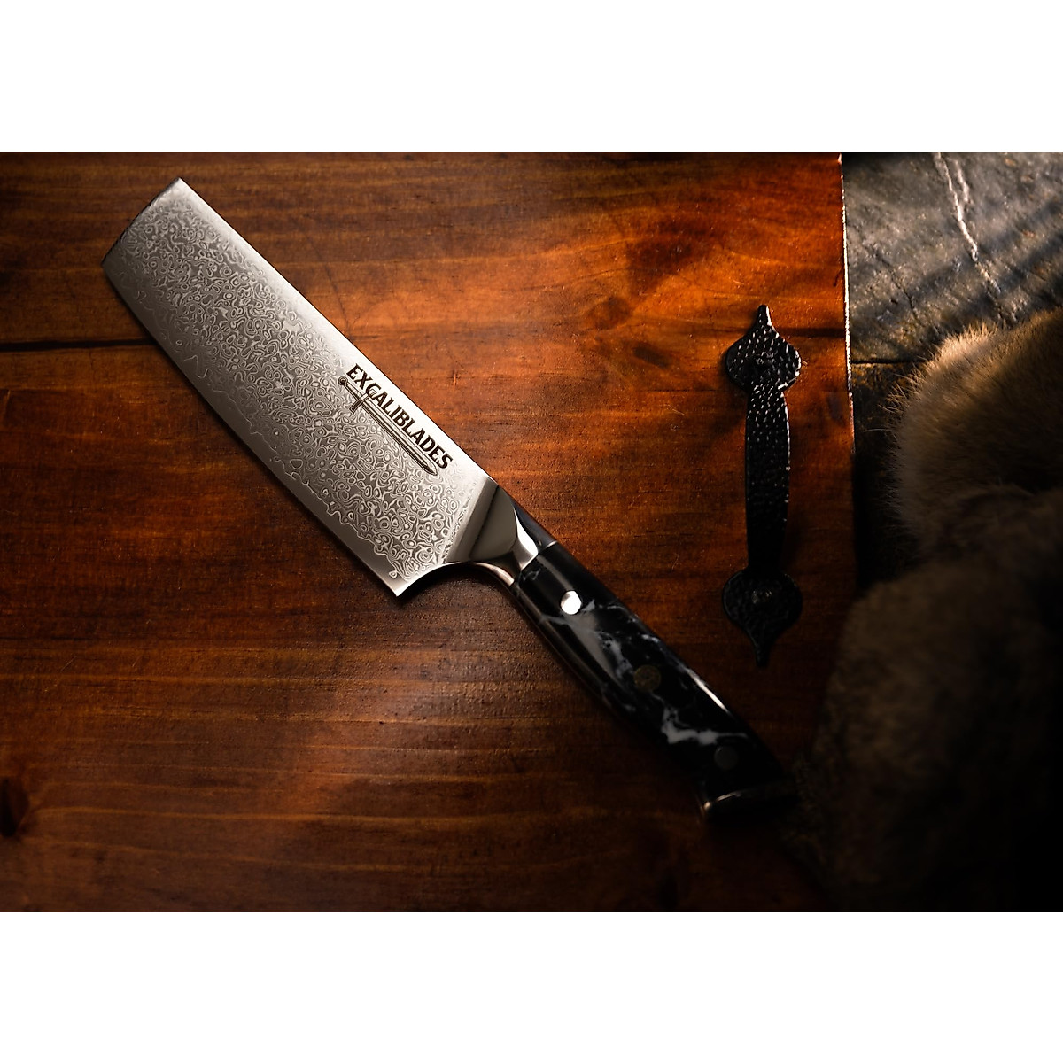 EXCALIBLADES 7 Inch Nakiri Knife, 67 layers of Damascus Steel Chef Knife, Multipurpose Meat Vegetable Sharp Kitchen Knife with Ergonomic Black Turquoise Handle, Sheath included.