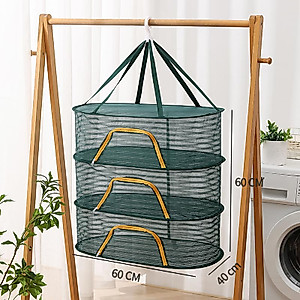 Foldable Drying Net for Vegetables, Fish, and Dehydrated Goods, Multi-tiered Food Drying Net, Versatile Drying Rack, Windproof Design, Zipper Closure for Insect Protection (Dark green, Triple Layer)