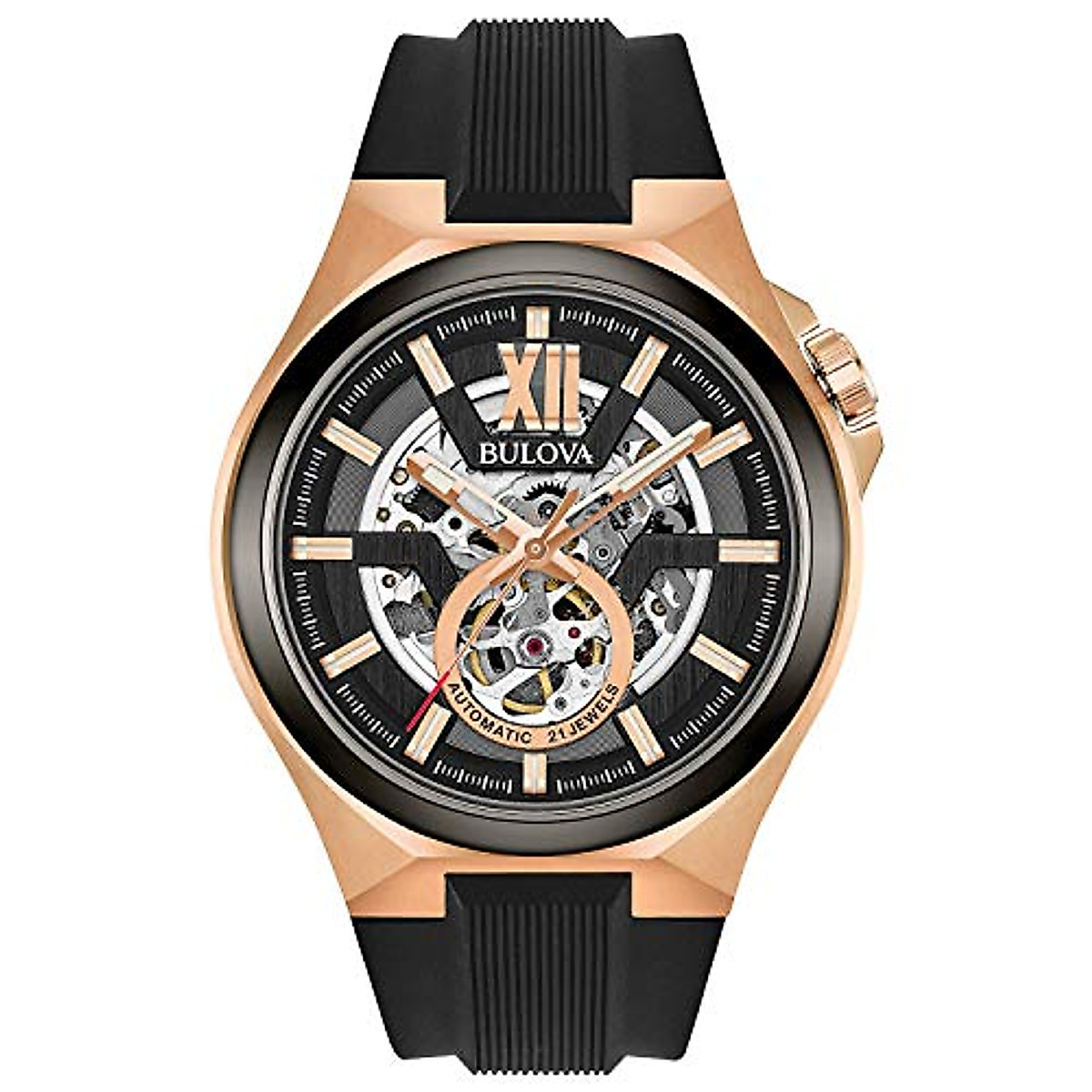 Bulova Men's Classic Maquina Rose Gold Stainless Steel 3-Hand Automatic Watch with Black Silicone Strap, Skeleton Dial Style: 98A177
