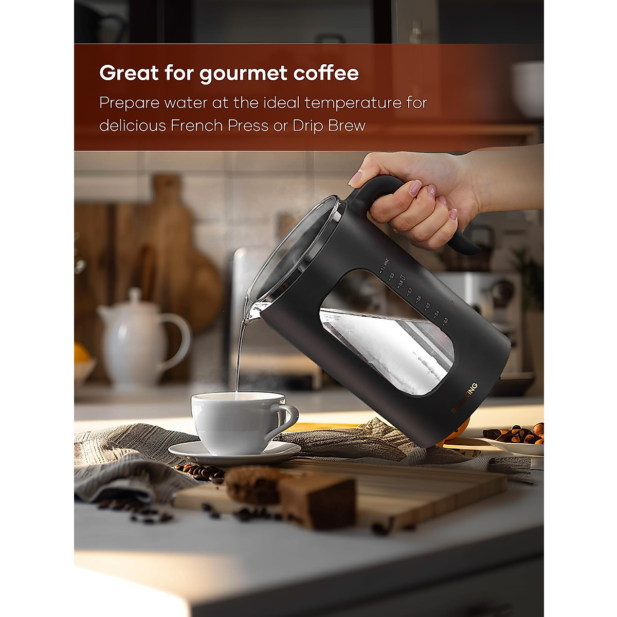 Electric Tea Kettle, INTASTING Glass Electric Kettle with tea Infuser and Precise knob temperature control, 1200W Fast Heating, BPA-Free, Easy to Clean, for Tea and coffee, Dark Grey