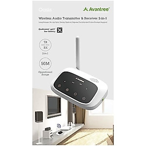 Avantree Oasis B – Bluetooth Transmitter & Receiver for TV with Dual Link Capabilities, Pass-Through Features, and No AudioDelay, Class 1 Long Range, LED Indicator, Optical AUX RCA