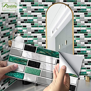 funlife 27Pcs Peel and Stick PVC Green Agate Effect Tile Picture Sticker, Self-Adhesive Non-3D Backsplash Decals for Kitchen Bathroom