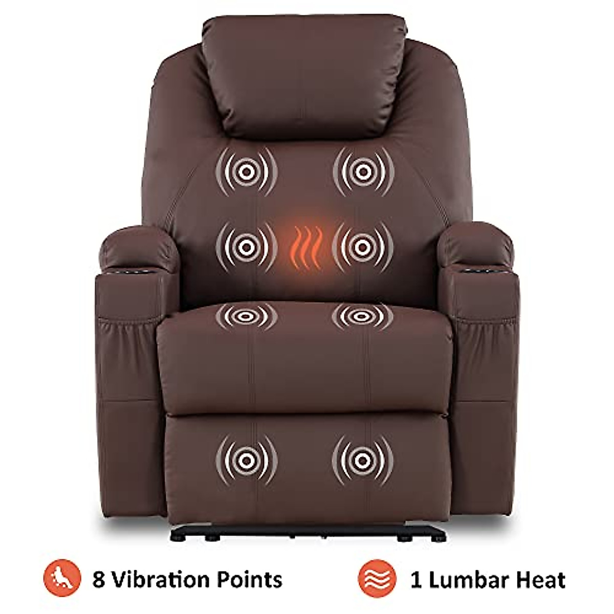 MCombo Electric Power Recliner Chair with Heat and Vibration, Footrest Extended, USB Charge Ports, 2 Side Pockets and Cup Holders, Faux Leather 7050 (Light Brown)