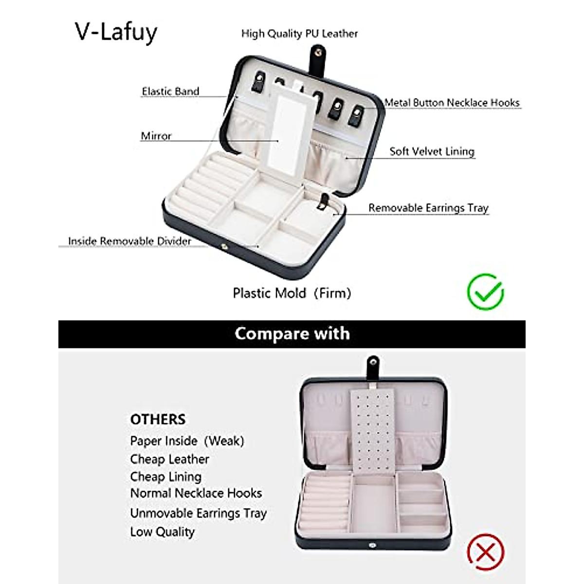 V-LAFUY Small Jewelry Box, Travel Jewelry Case Portable Jewelry Boxes for Women, 2-Layer Travel Jewelry Box, Gift for Women Girls, Women's Day gifts, Black N