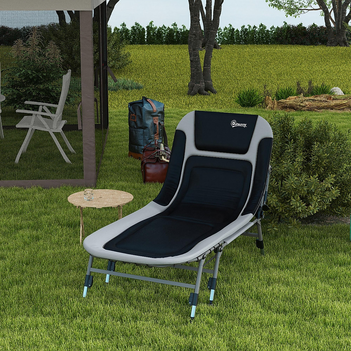 Outsunny Camping Cot for Adults, Folding Bed with Soft Padded Cushions & Headrest, 180° Adjustable Reclining Lounger, Heavy Duty and Portable with a 400 lbs. Capacity, Gray