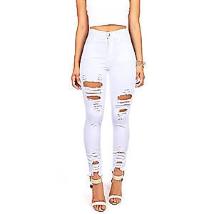 Vibrant Women’s Denim Skinny Jeans – Stretch High Waisted Raw Edges Heavy Distressed Ripped Casual Slim Fit Pants VP1213 White 9