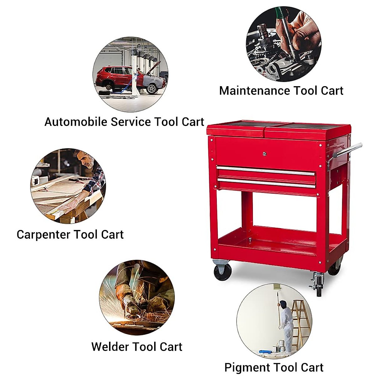 HPDMC Steel Tool Service Utility Push Cart with Lockable Drawers & Sliding Top, 27.8" L x 14.6" W x 32.7" H, 212 lbs Loading Capacity, 2-Drawer Garage Workshop Rolling Storage Tool Chest